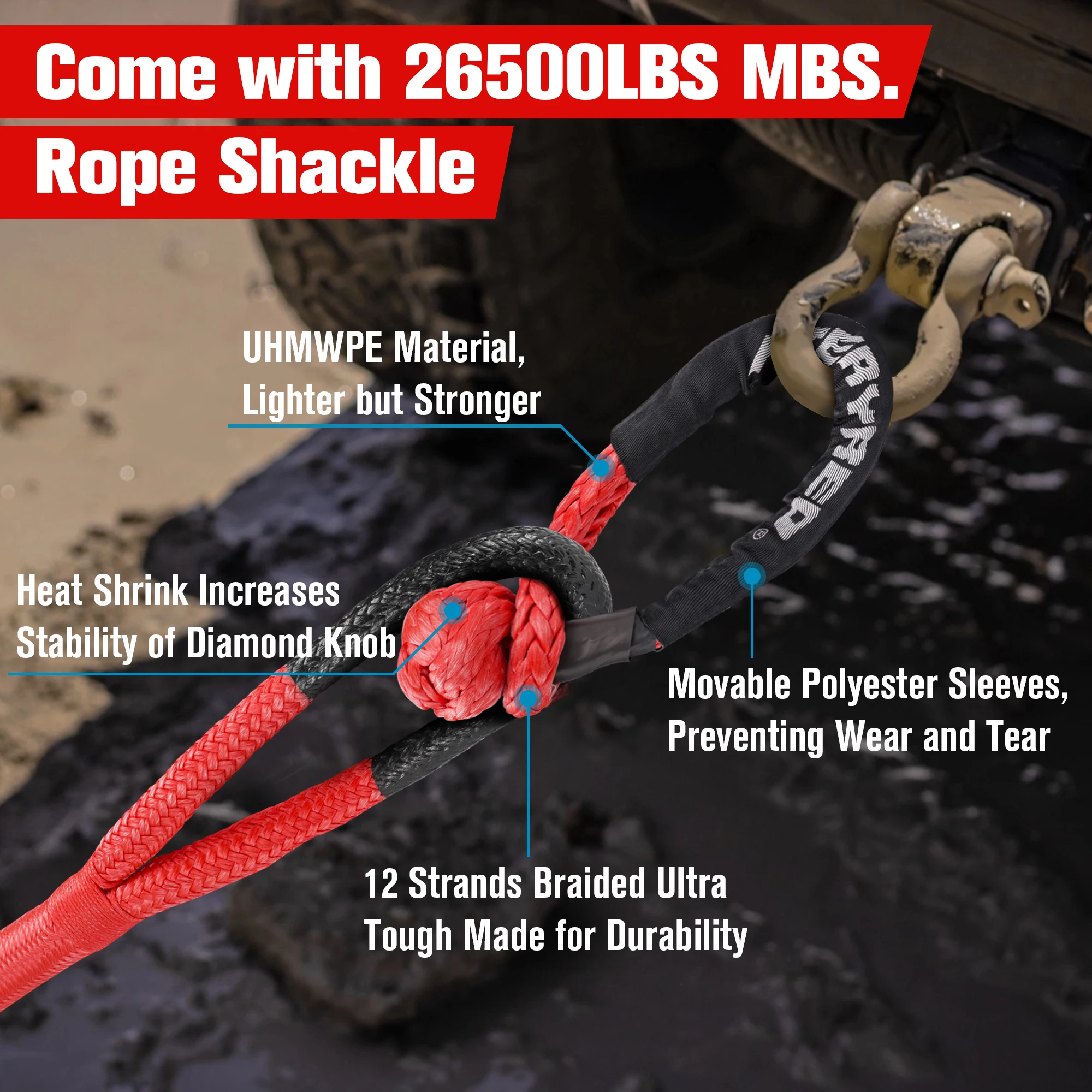 FIREYRED Kinetic Recovery Rope - 20FT, 19200LBS Towing Power