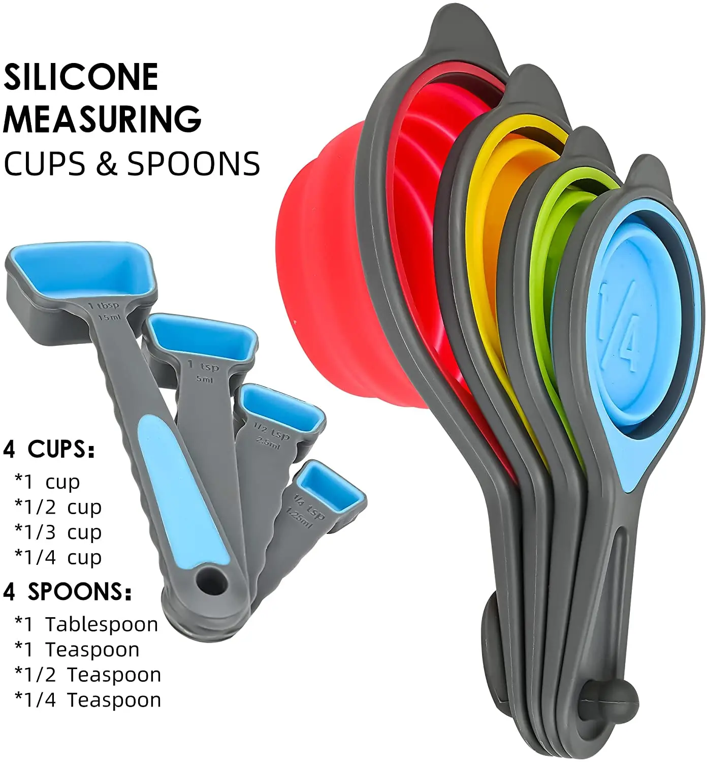 Silicone Collapsible Measuring Cups And Measuring Spoons Engraved Markings Measurer Cups Spoons ...