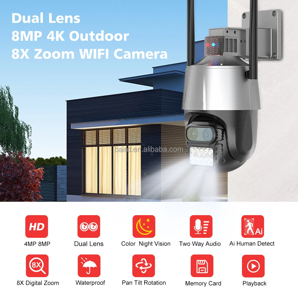 New Design 4k Ptz Wifi Cctv 4mp Dual Lens Camera 8x Zoom Flash Lights Smart Home Security ...