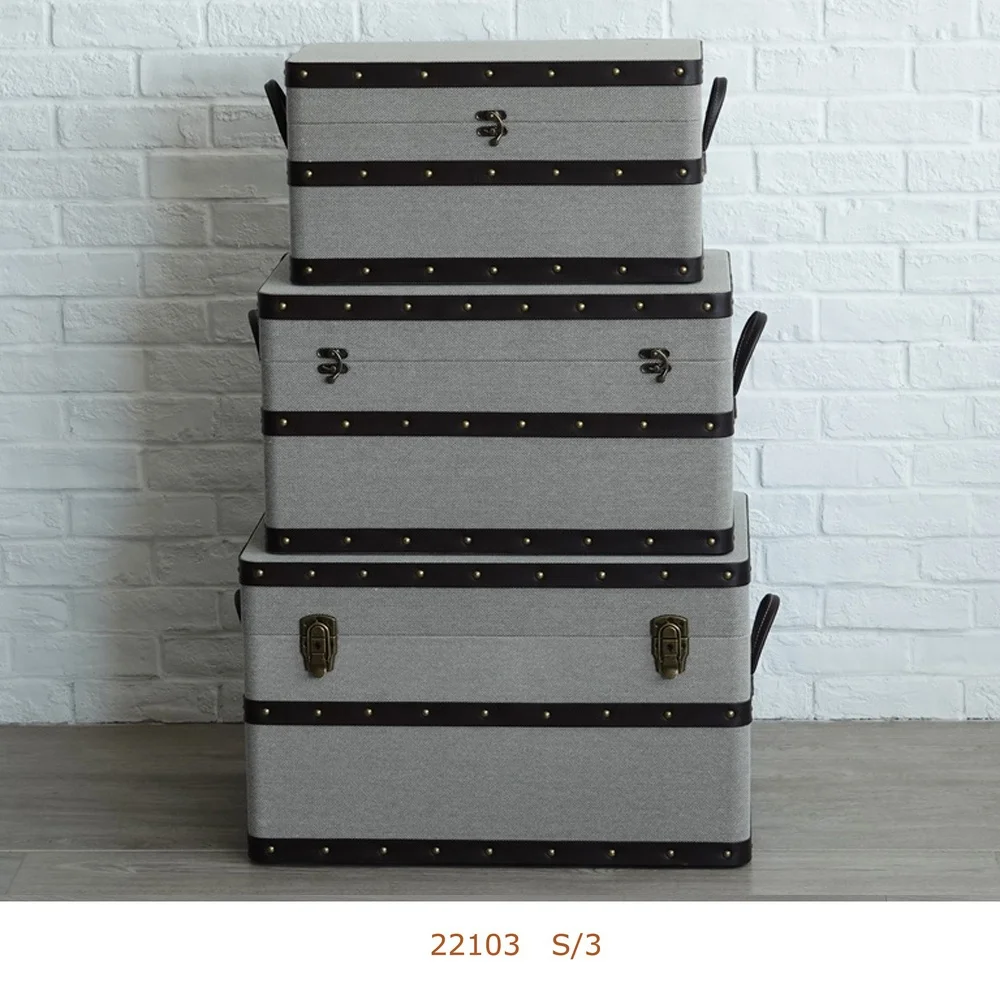 Wooden Storage Trunk Boxes Set With Canvas Surface And Pu Leather ...