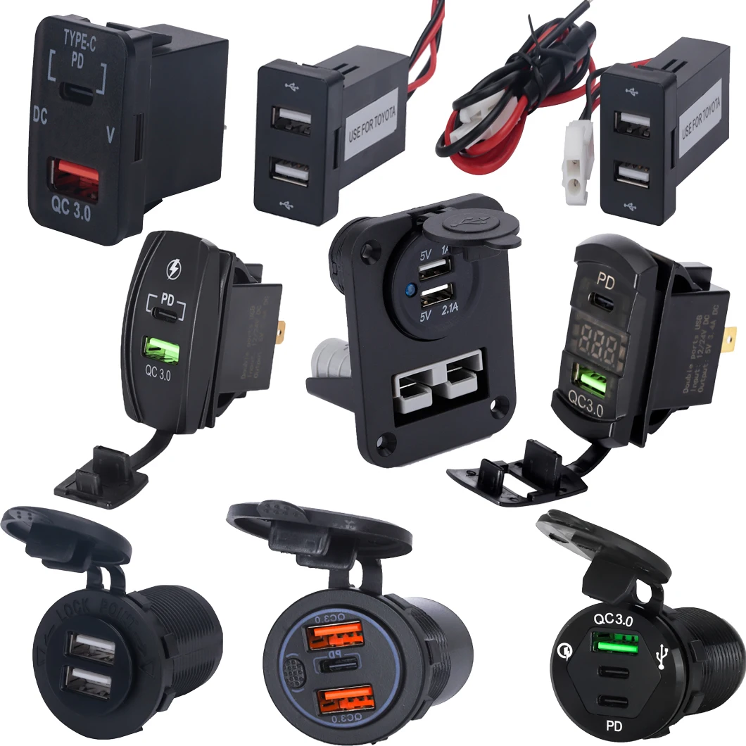 12V on OFF Button Switch USB C Dual PD QC 3.0 Fast Charger USB Charger ...