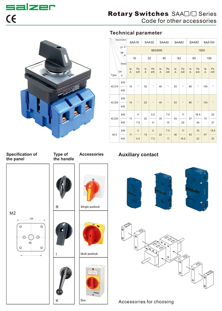 Salzer SA25 1-0-2 AC Change over Switch - 25A, IP35, TUV, CE, CB