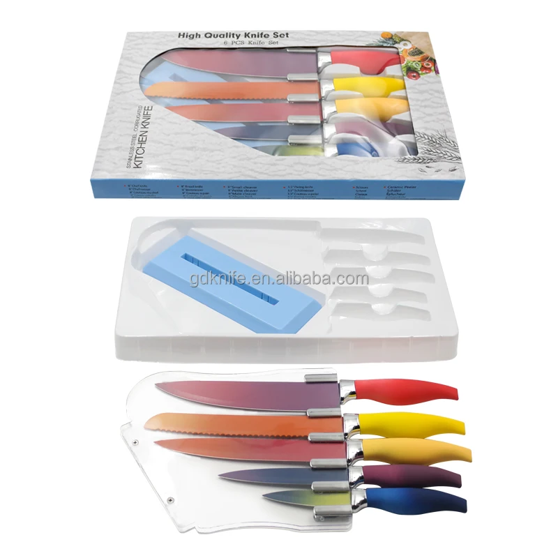 5 Pcs Gradient Color Kitchen Knife Sets Stainless Steel Non-stick ...