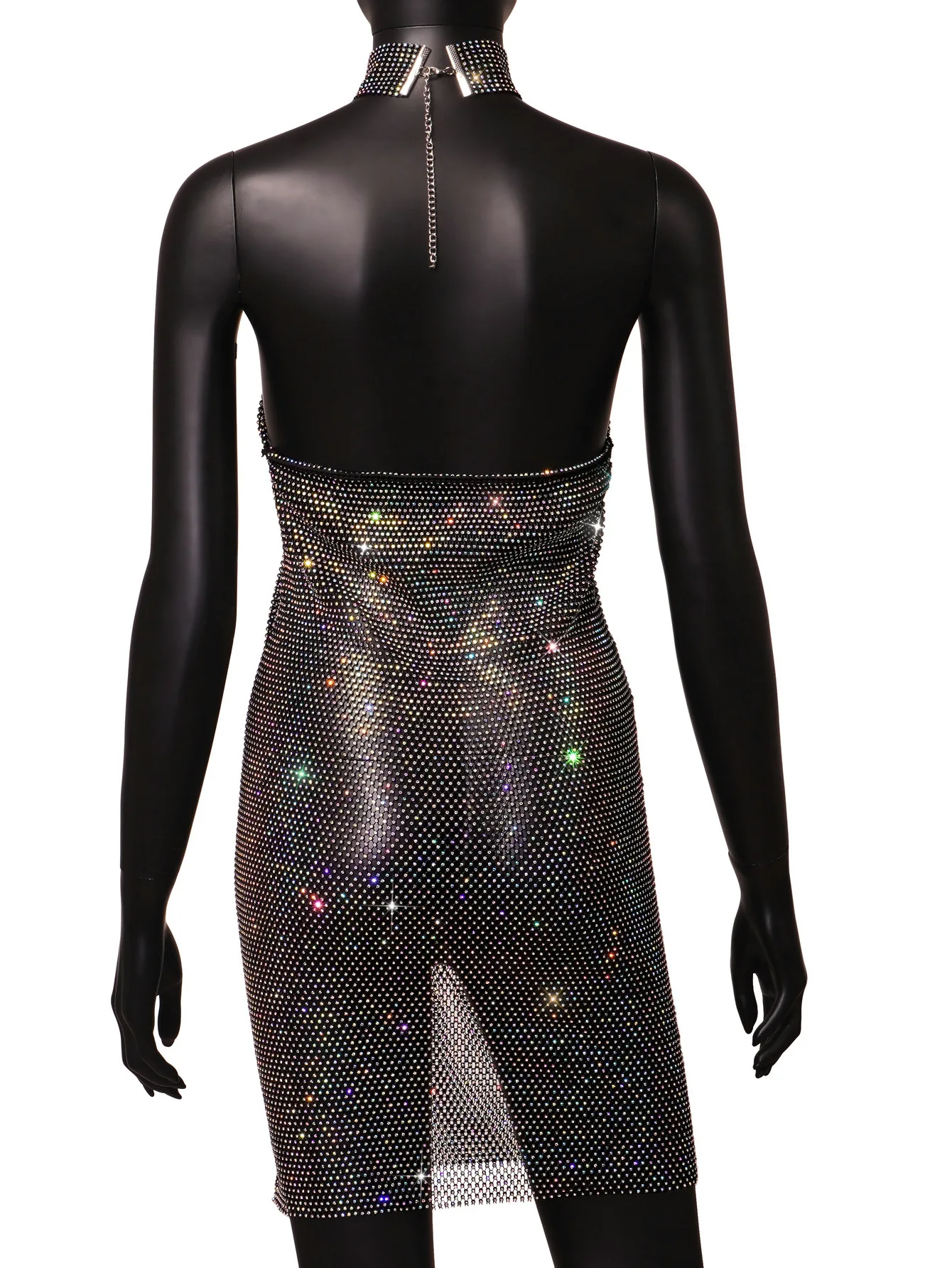 See through Mini Dress Backless Bling Black Rhinestone