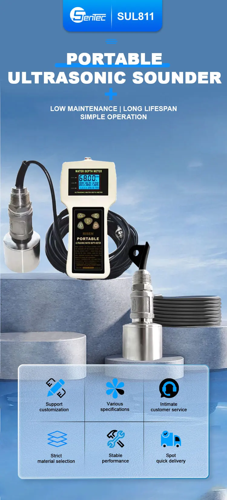 Sentec Portable Depth Water Level Measure Handheld Ultrasonic Level Meter Transmitter Deep Well ...