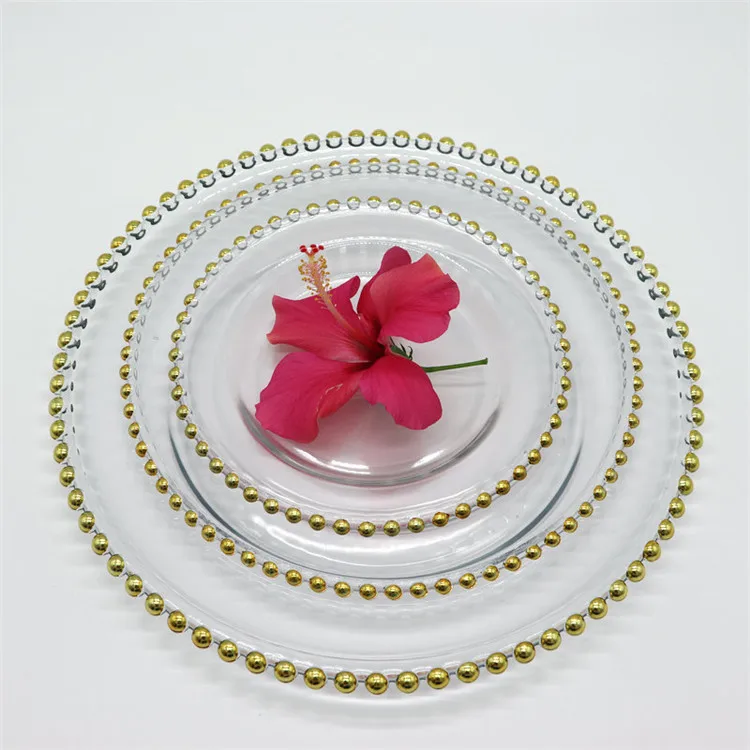 Wholesale Clear Glass Gold Beaded Plates Party Hotel Dinner Plate Dish ...