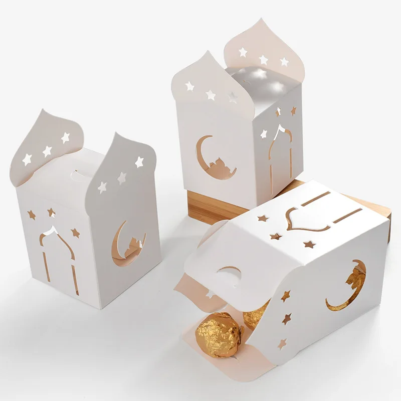 White Hollow Star Moon Folding Cardboard Box Luxury Castle Shape Cookie ...