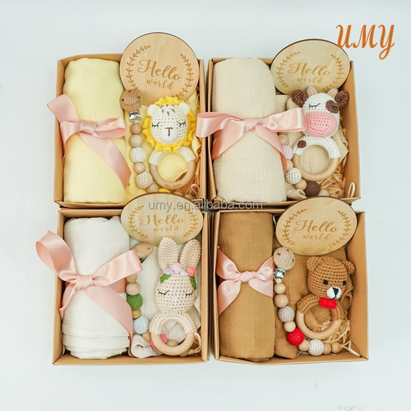 Crochet Toy Wooden Teether Animal Rattle Baby Wrap Swaddle Blanket Cot ...