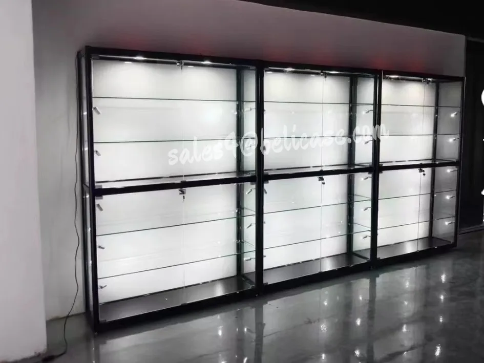 Full Vision Wall Glass Display Cabinet Removable Glass Shelves Showcase ...