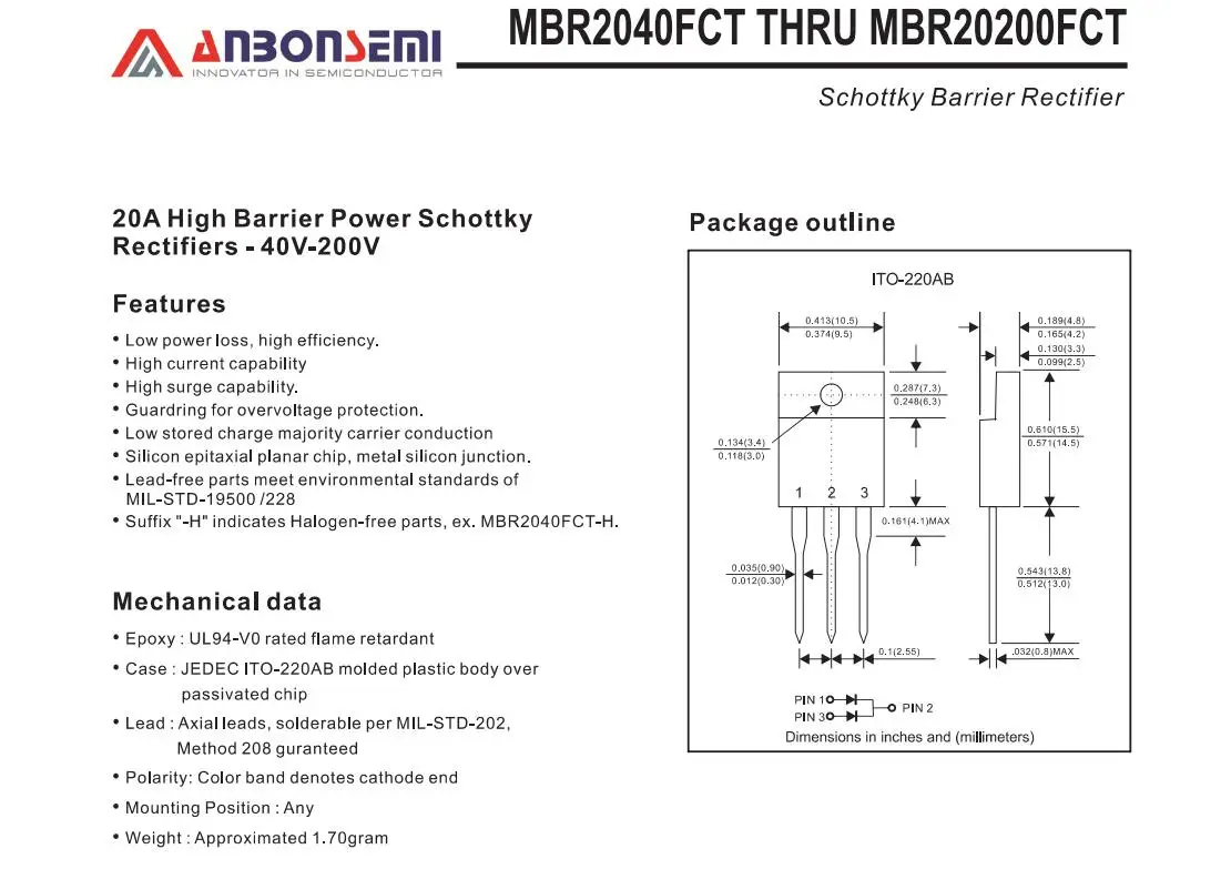 Anbon 20a 40v Mbr2040fct Ito-220ab Package Schottky Diode - Buy ...