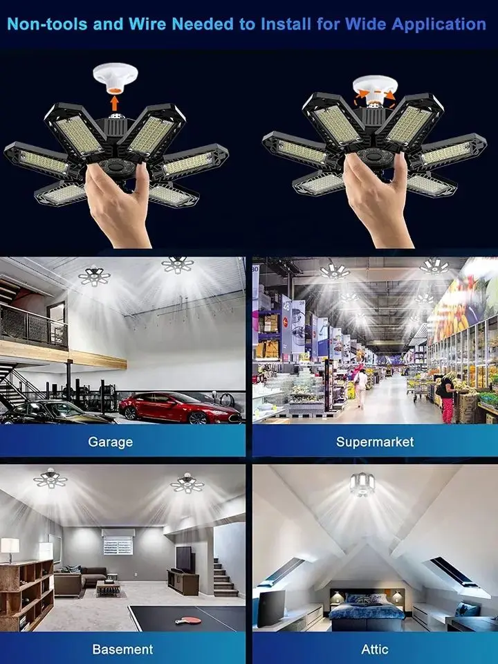 100W Foldable LED Garage Light with 7 Adjustable Panels E26 E27 Base ...