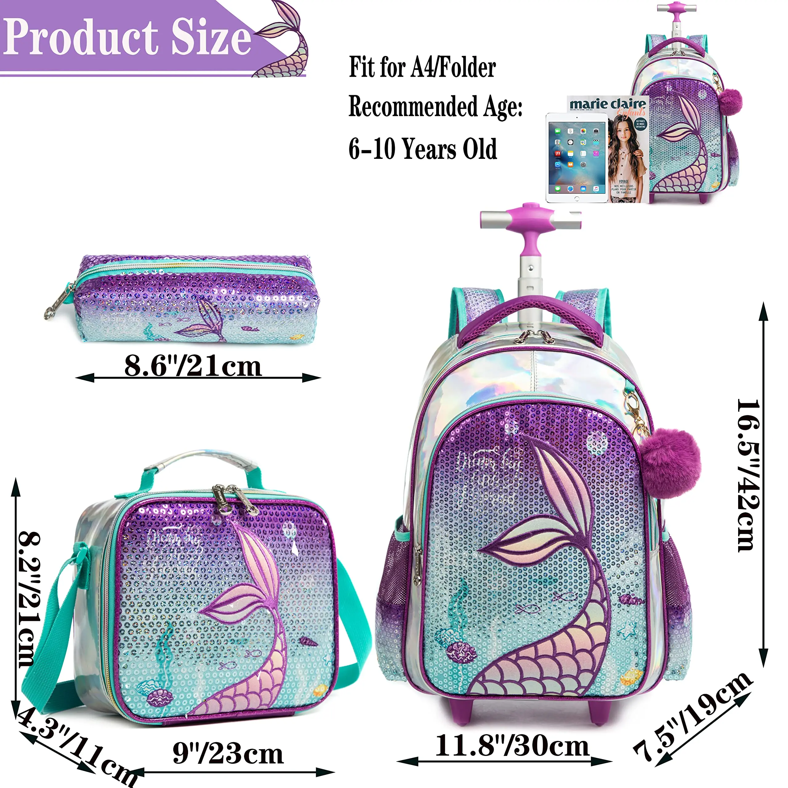 Mermaid Rolling Girls Backpack With Wheels School Bag Trolley Travel ...