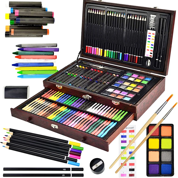 145 Piece painting Art Set Wooden Art Box Drawing Kit with Crayons Oil ...