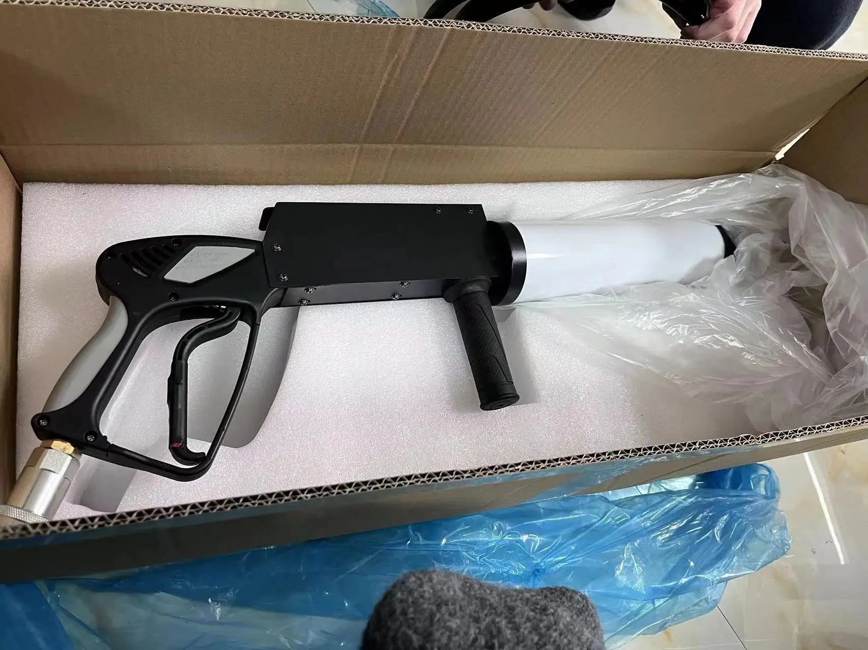 Carbon Dioxide Air Column Gunner Holds Air Gun With Dry Ice Spray Bar ...