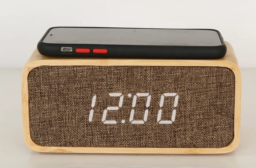 Acoustic Fabric Wooden Frame LED Alarm Clock with Wireless Charger