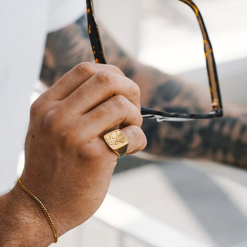 Custom Engraved Logo Designs Mens Rings - 18k Gold Plated