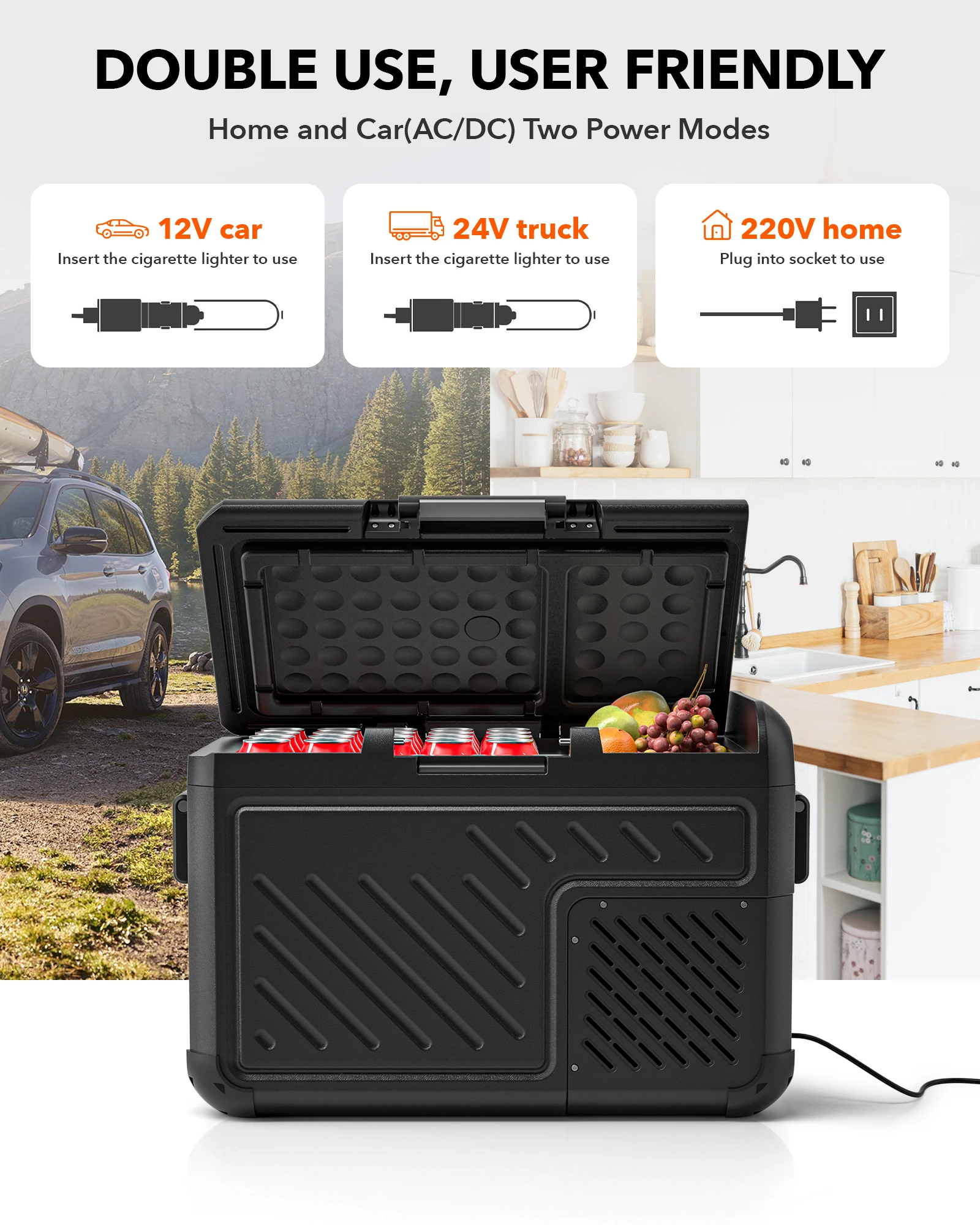 WOLFBOX W-55L Rechargeable 12V Car Fridge Freezer - Dual Zone Portable ...
