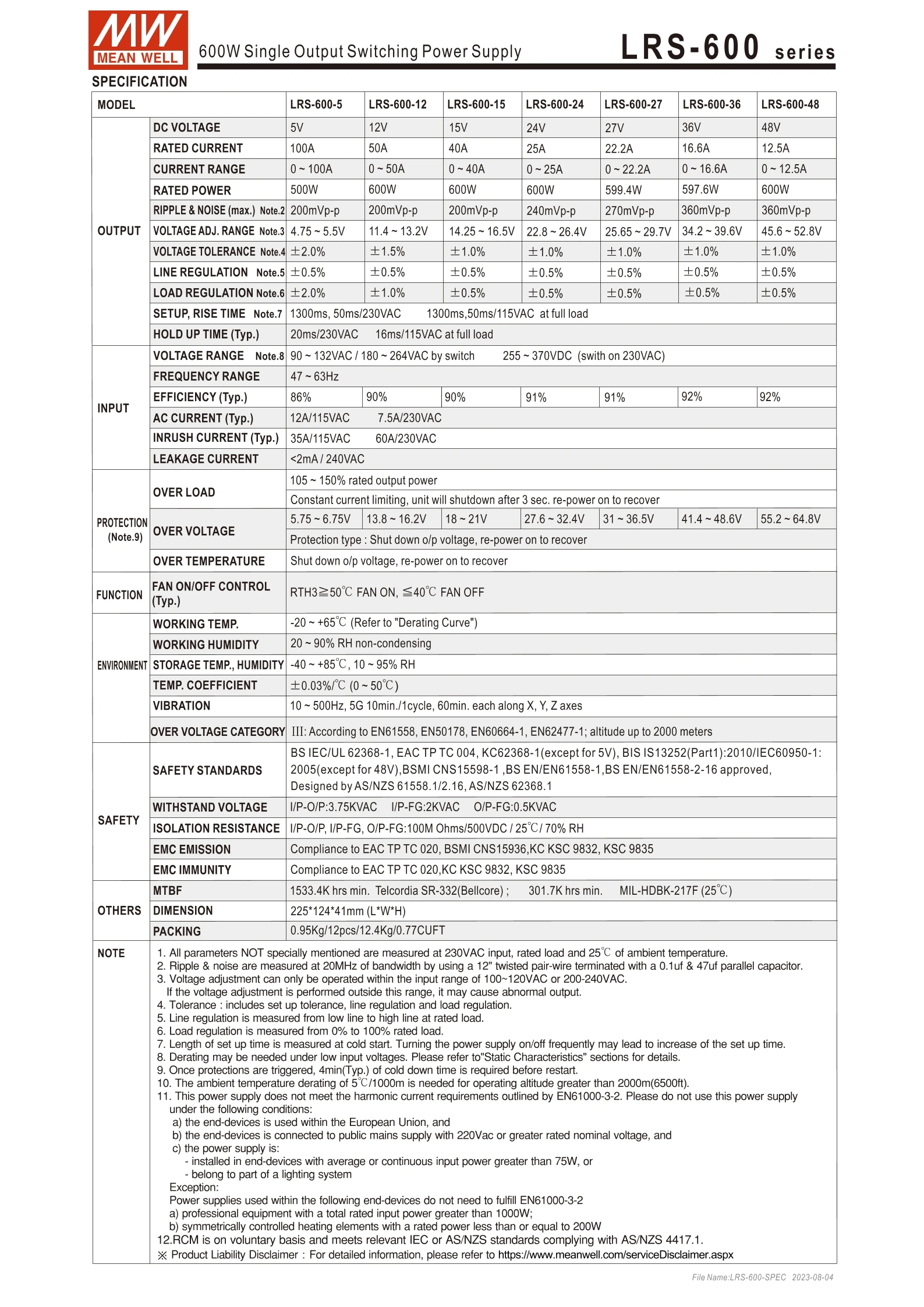 MEAN WELL LRS-600-48 Switching power supply DC 600W motor drive LRS-600 ...