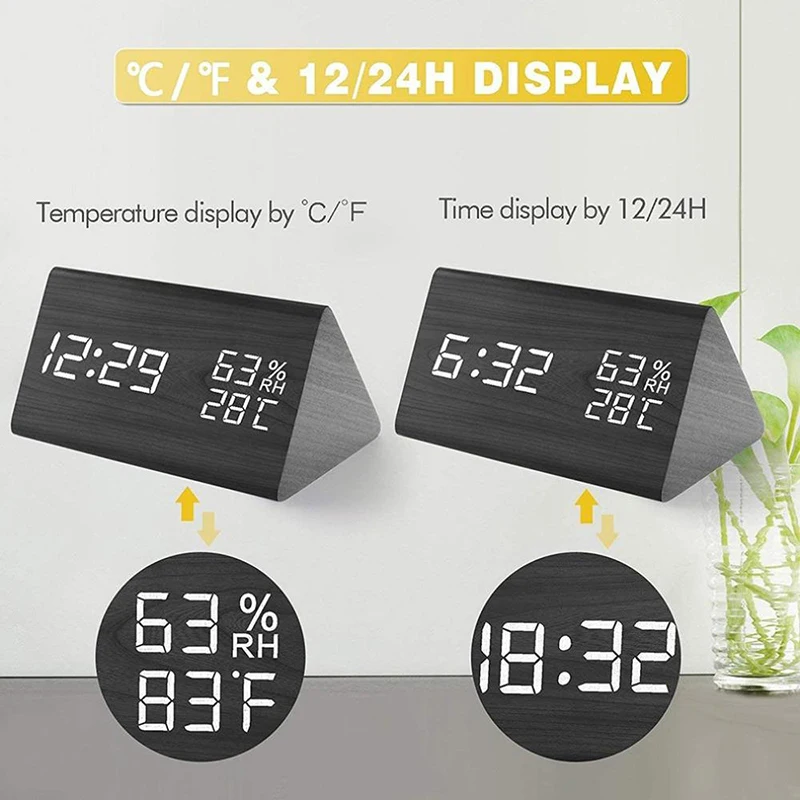 Promotional Digital Triangle LED Wooden Alarm Clock