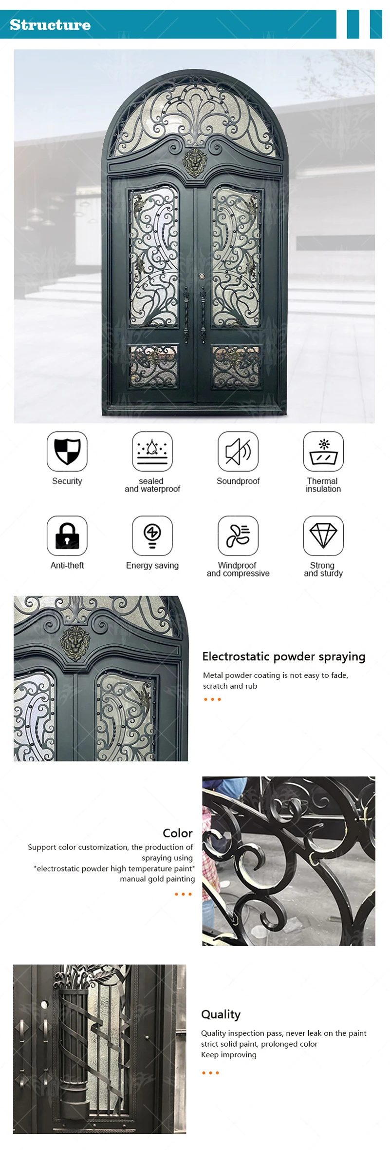 Villa Double Door Wrought Iron Door With Glass Wrought Iron Door Frame ...