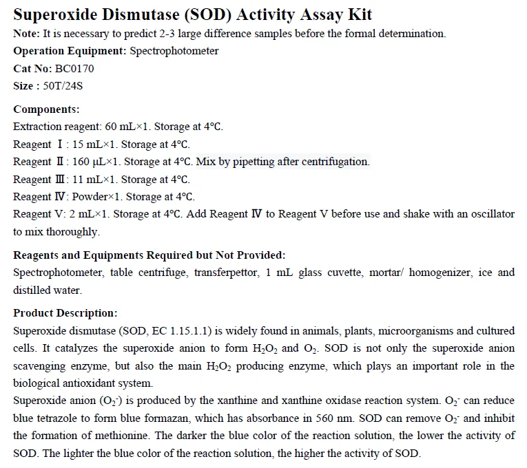 Superoxide Dismutase (SOD) Activity Assay Kit - Solarbio