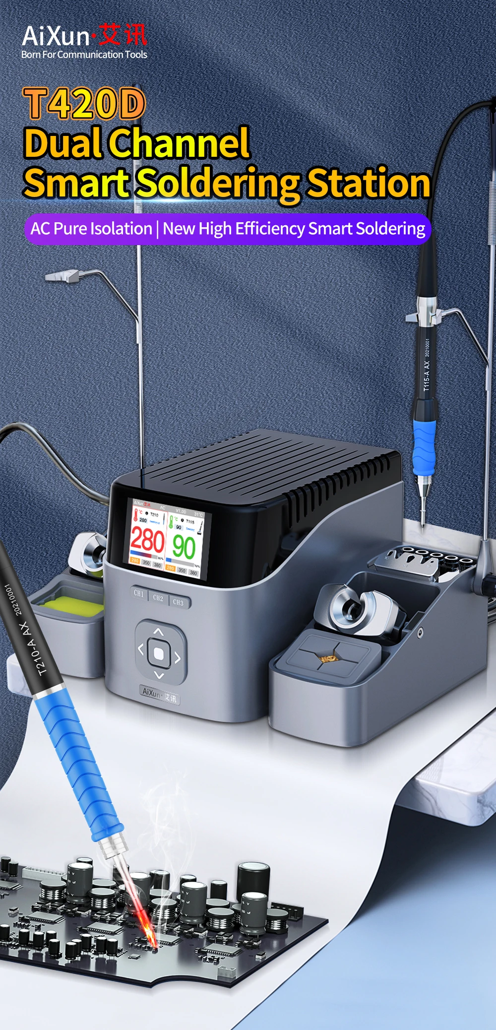 Two-channel Soldering Iron Station For Mobile Phone Repair,Model T420d,Equipped With T245/t210 ...