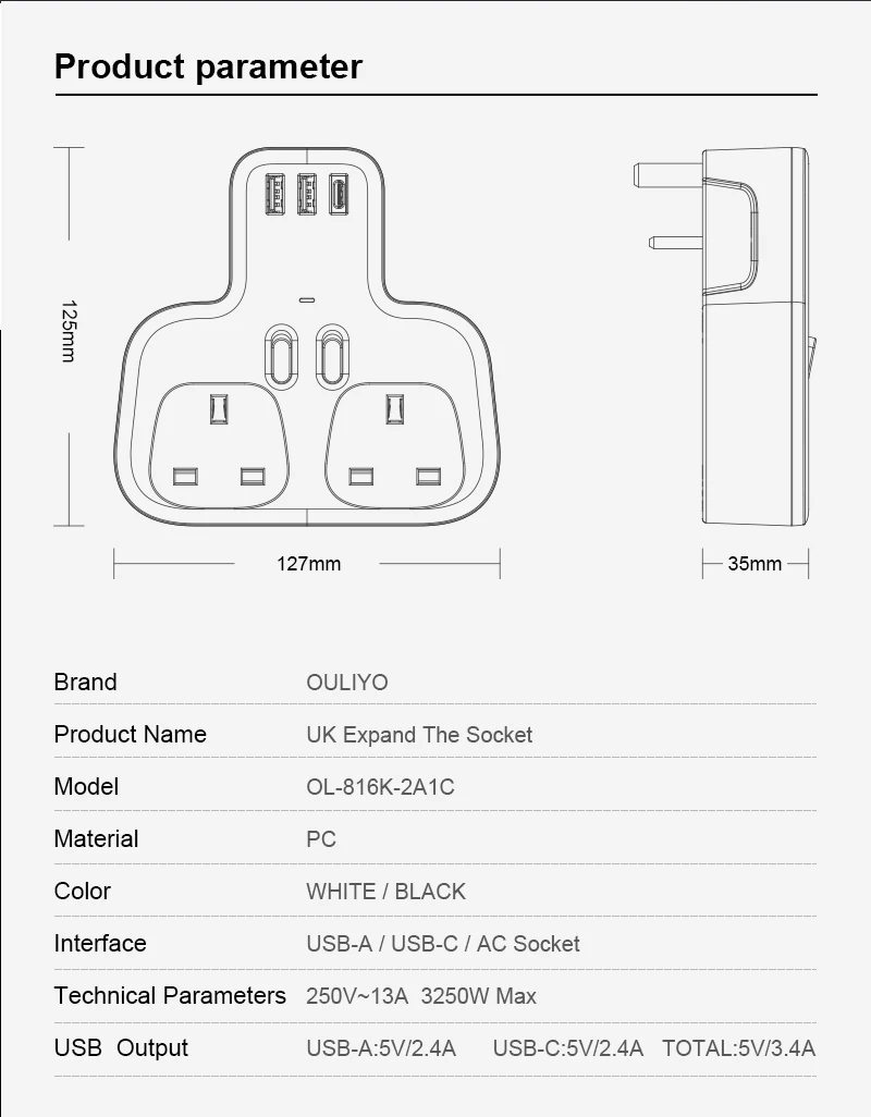 Double Plug Adaptor with USB C - Efficient Power Solution