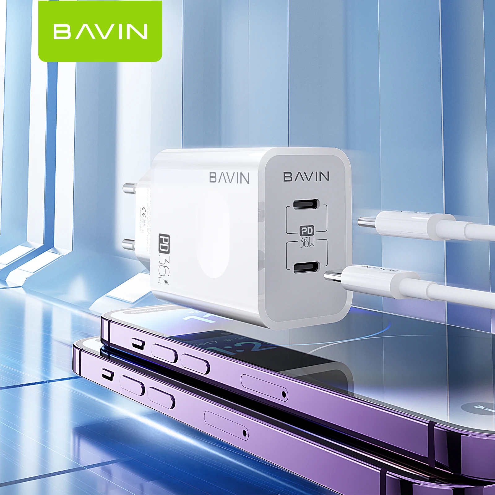BAVIN PD 36W Dual Port Super Charging EU Plug Portable Adapter USB-C Laptop Mobile Cell Phone ...
