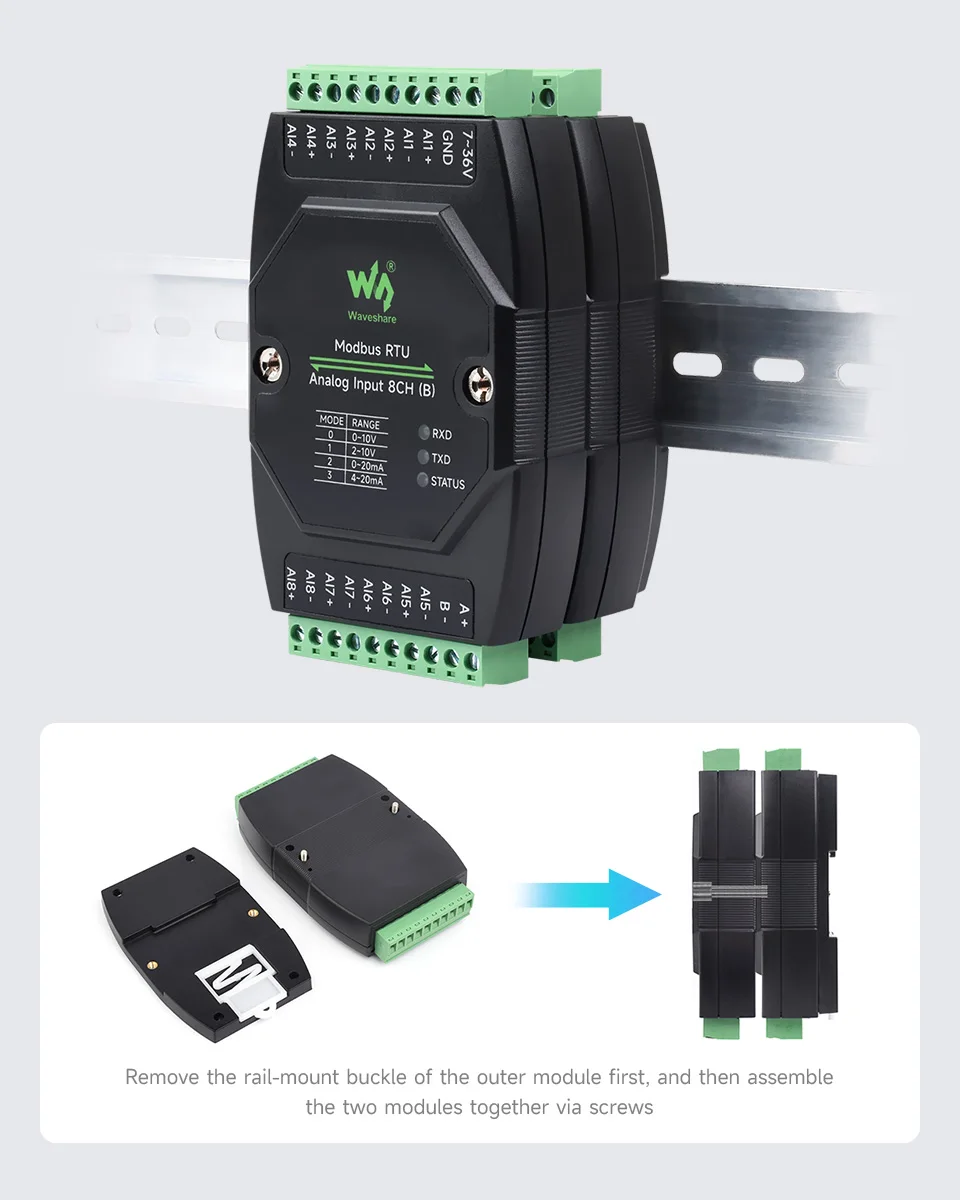 Modbus RTU Analog Input 8CH (B) Waveshare Industrial Modbus RTU 12-bit ...
