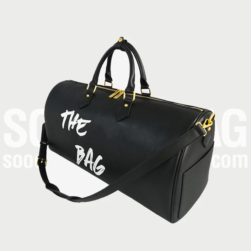 Custom Print Black Leather Duffle Bag - Unisex Travel Bag