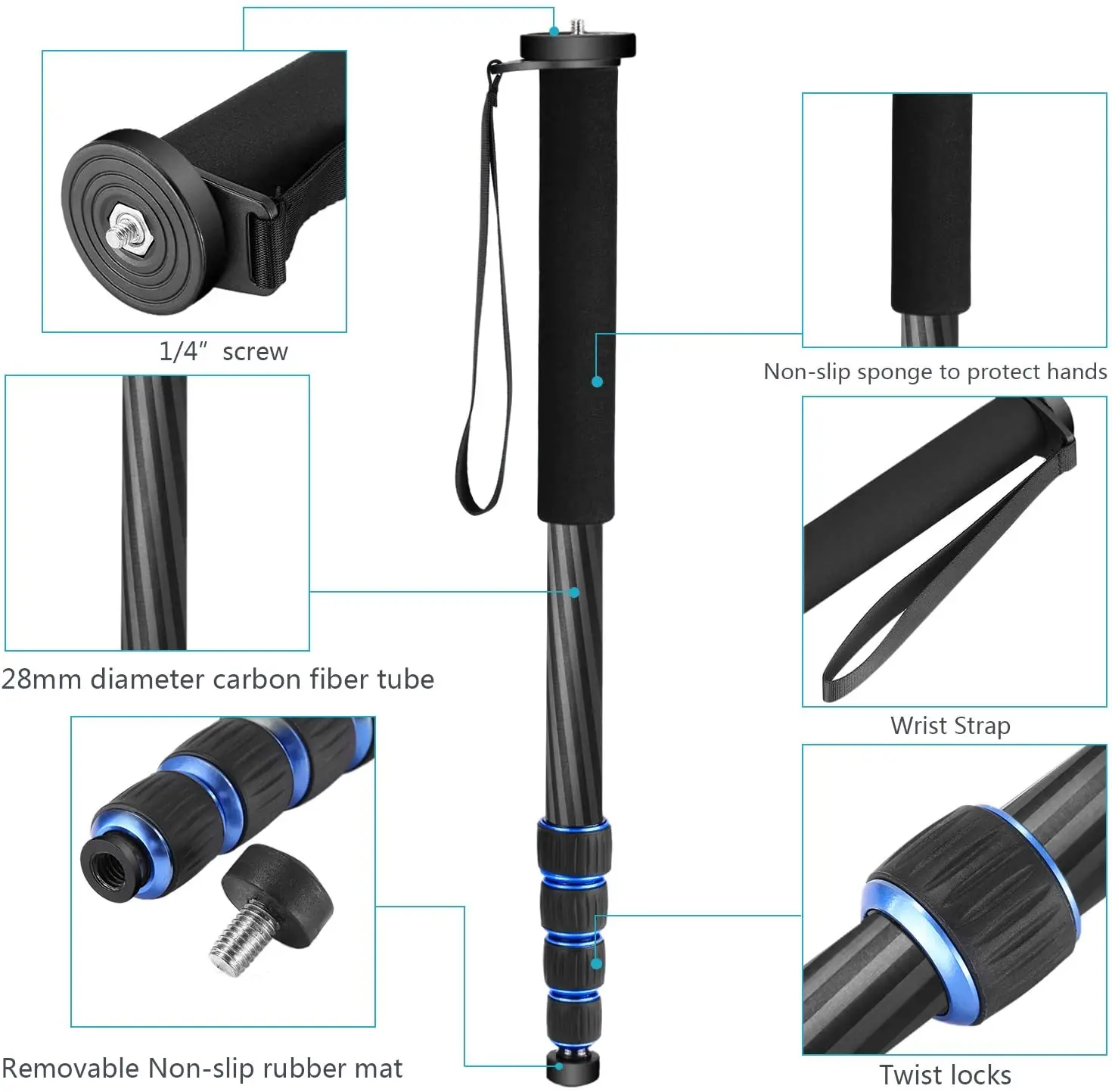 Manbily C-222 Professional Carbon Fiber Portable Outdoor Camera Unipod ...