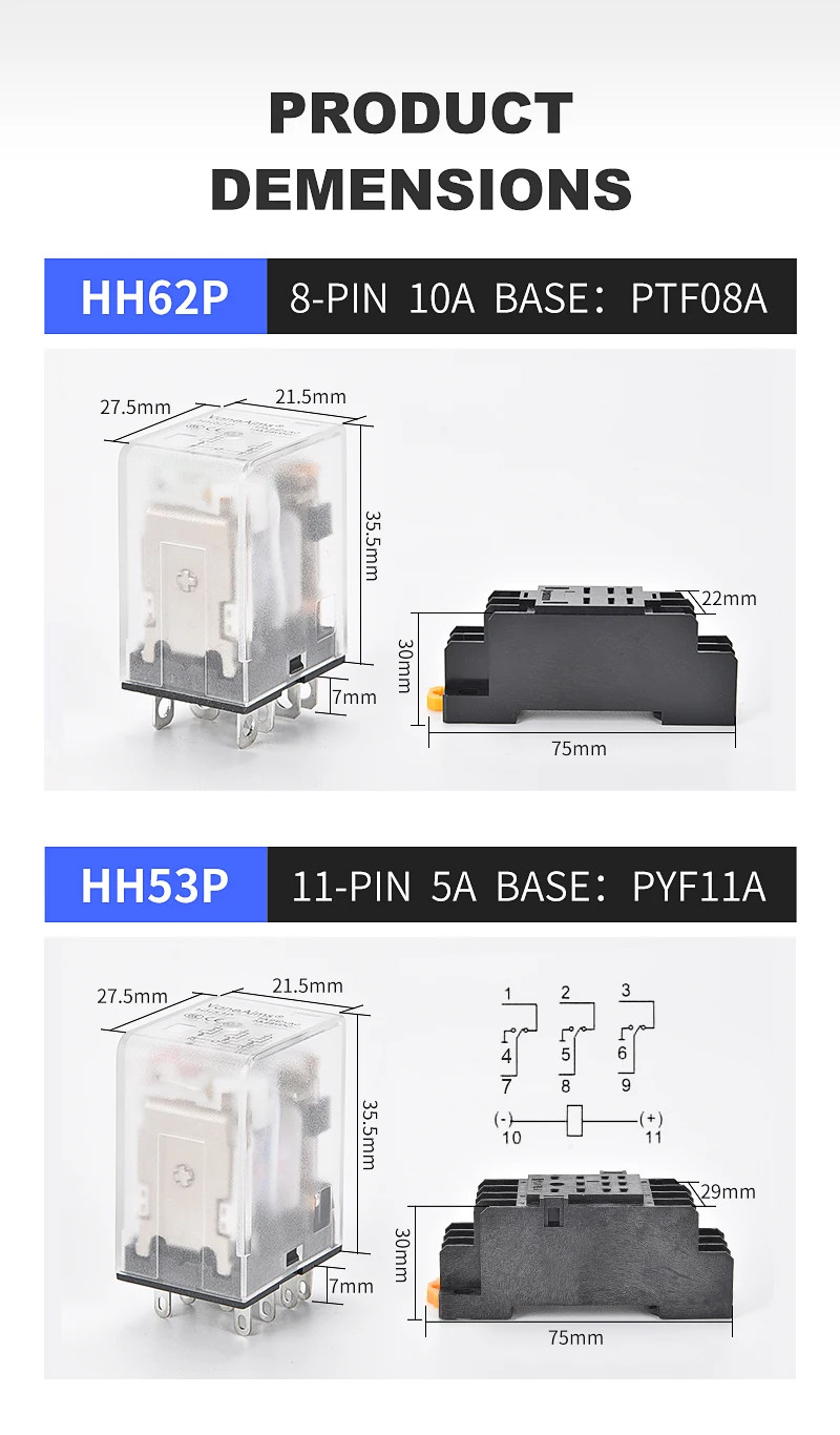 HH52P Electromagnetic Relay - 5A10A, 12V, 8PIN, 11PIN, 14PIN