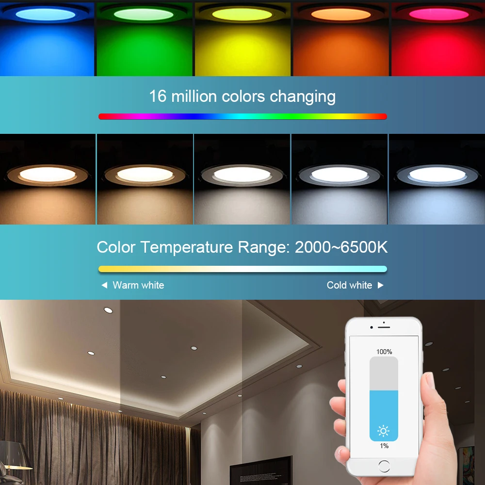 12w Rgb+cct Zigbee Smart Led Ceiling Downlight Embedded Light Colors ...