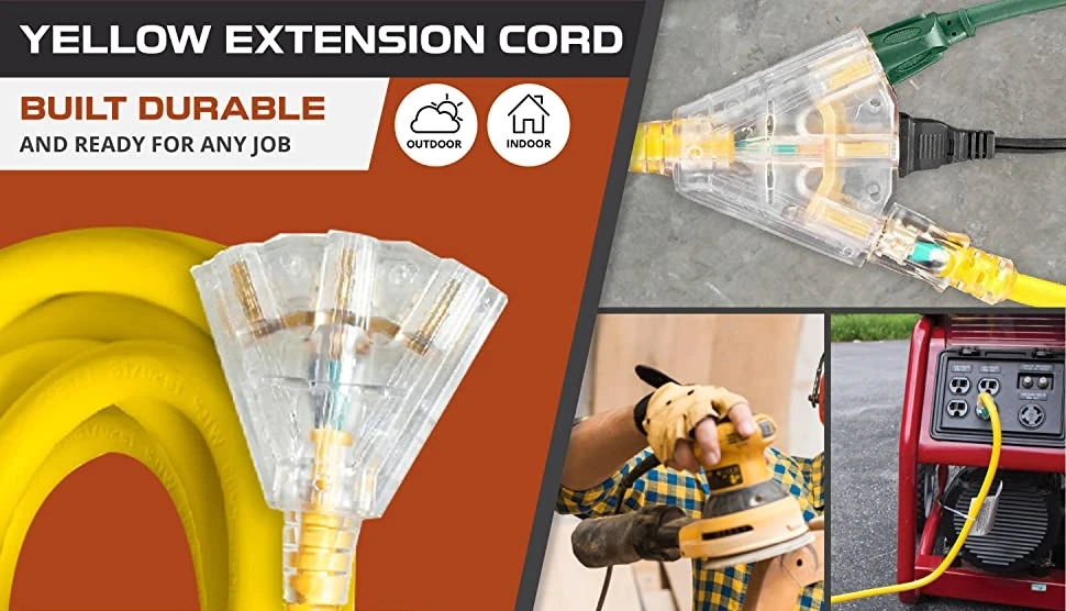 Heavy Duty Yellow Lighted Electrical Cable With 3 Prong Grounded Plug ...