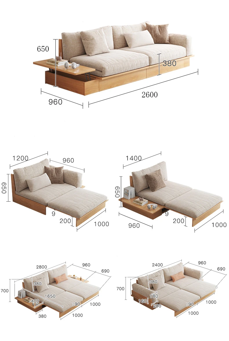 Extendable Wooden Sofa Bed with Lift Top Storage - Modern Foldable ...