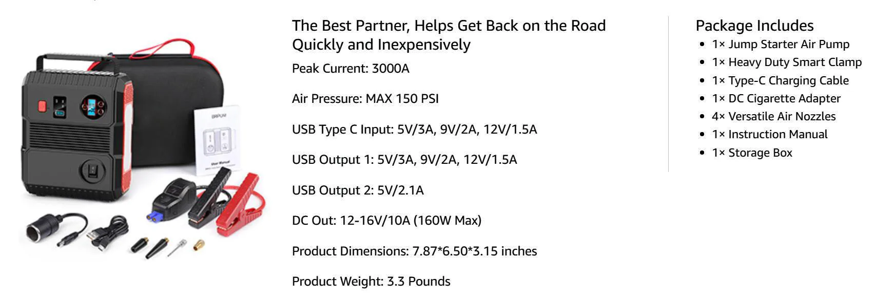 4 in 1 Jump Starter with Air Inflator - 3000A Peak Current