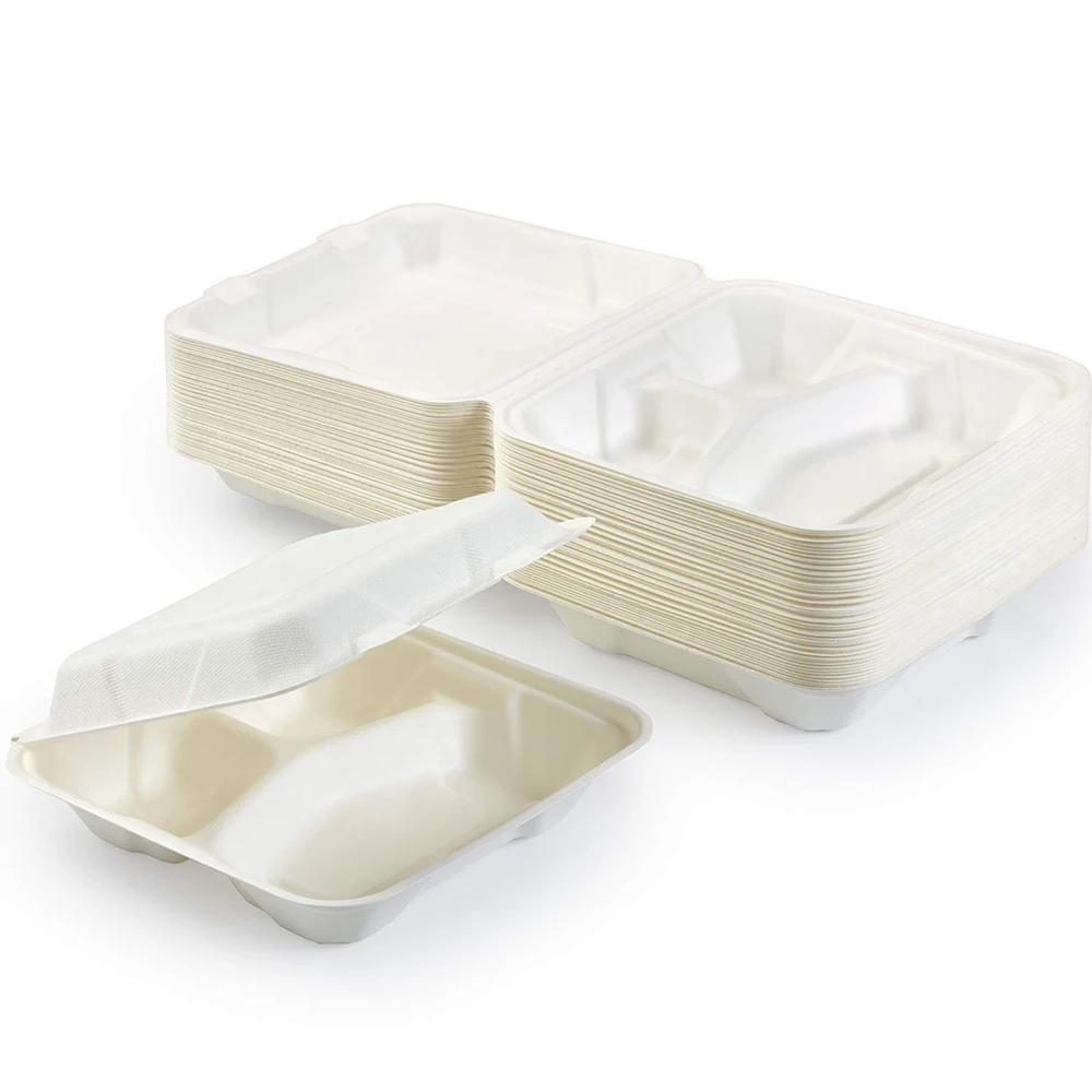 8inch Biodegradable Sugarcane Bagasse 3 Compartment Clamshell Boxes ...