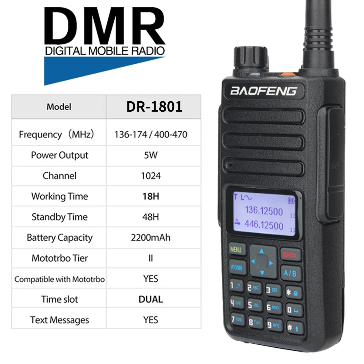 Baofeng Dmr Dr-1801 Walkie Talkie Dual Time Slot Tier 1&2 Digital/analog Radio Vhf Uhf Dual Band ...