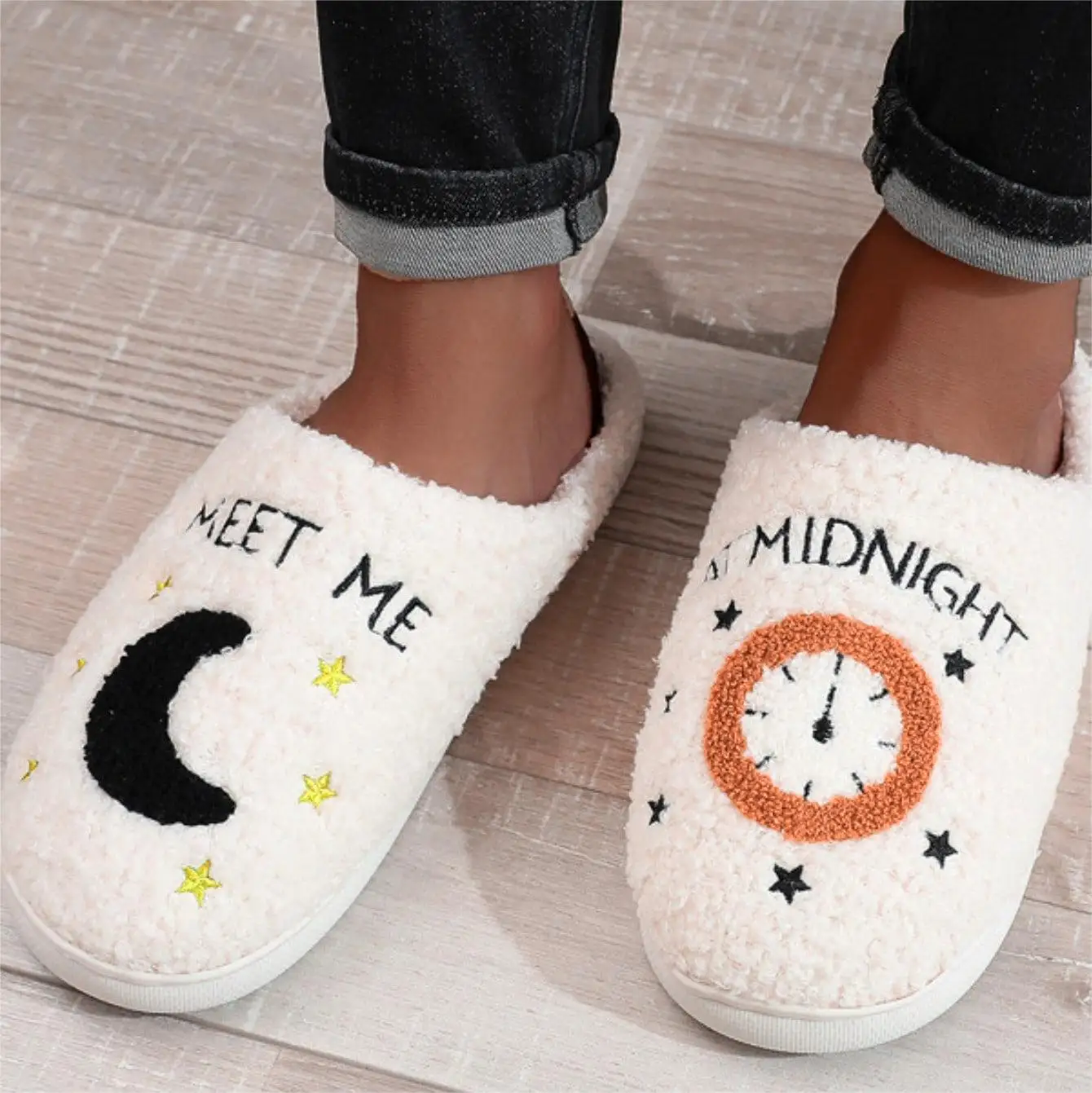Fashion Cute Moon Clock Women Slippers Winter Soft Fleece Flat Cotton ...