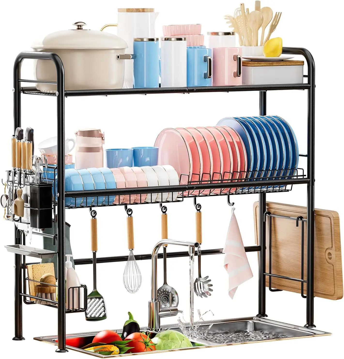 2-tier Large Sink Dish Rack Utensil Holder Auto Drainage Kitchen ...