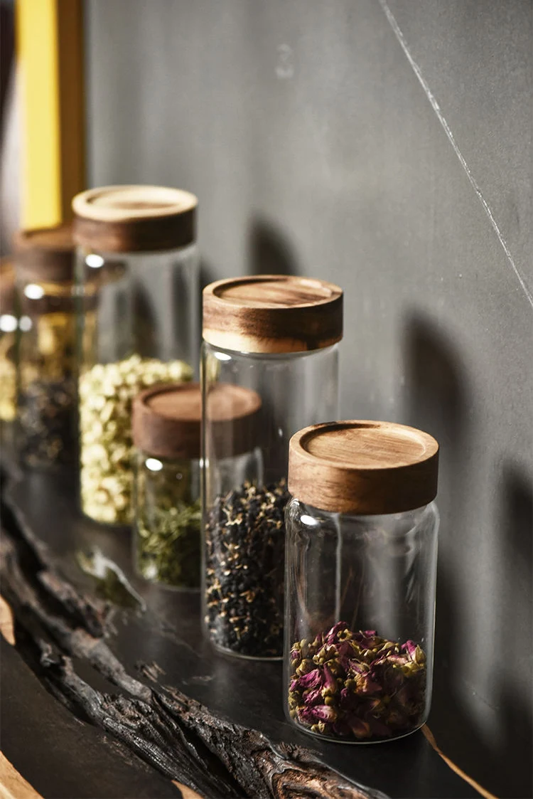 Thread Type Borosilicate Glass Storage Jars With Airtight Acacia Wooden ...