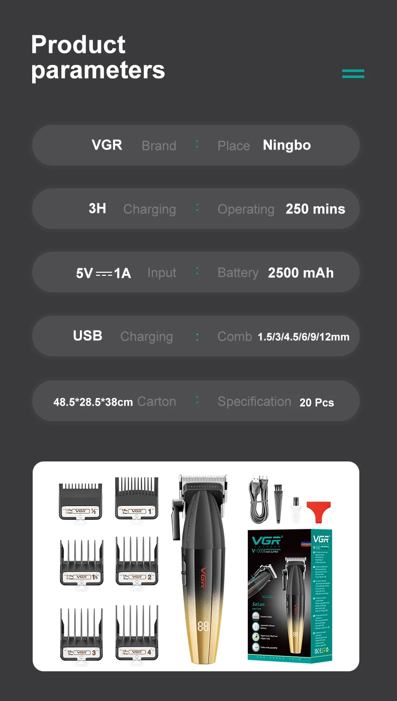 Vgr V-003 9000rpm Metal Salon Barber Clippers Rechargeable Professional Hair Clipper For Men ...