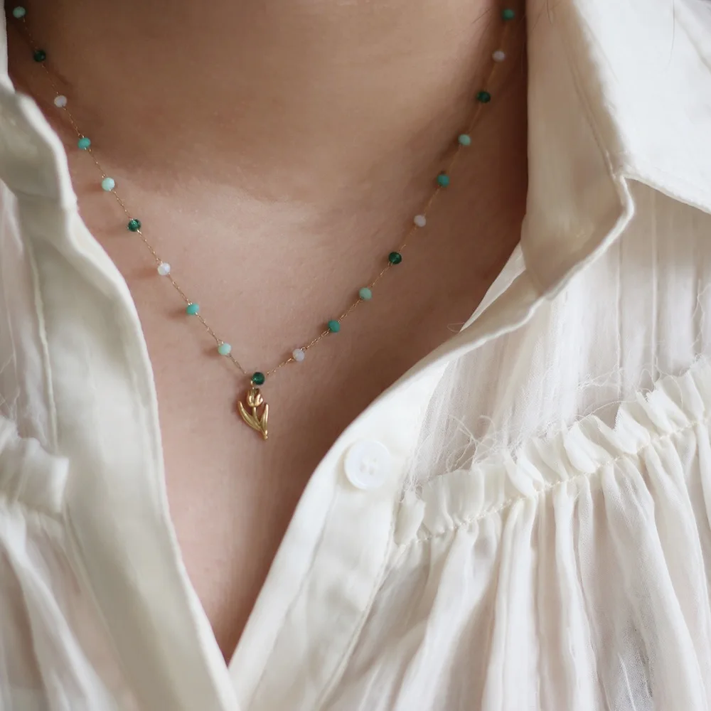 Trendy Green Beads Chain Necklace 18k Gold Plated Stainless Steel Tulip ...