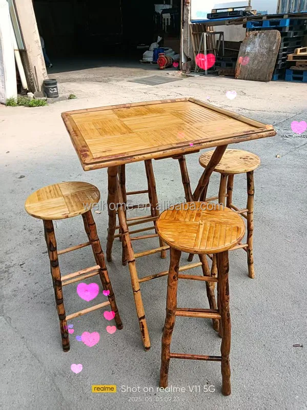 Bamboo Bar Table with Stool Gargen Folding Cafe Table with Chair Bamboo ...