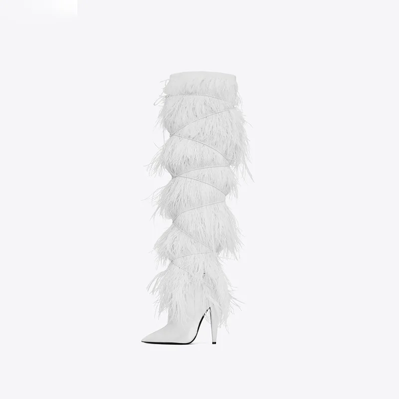 Size 34-45 Show Feather Boots Sexy Ostrich Hair High Heel Pointed ...