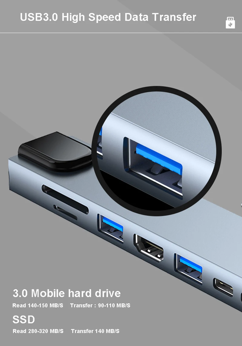 8 in 1 Type-C Adapter Docking Station USB-C Hub 4K 30Hz Converter Ethernet 3.0 USB C 8 in 1 Hub ...