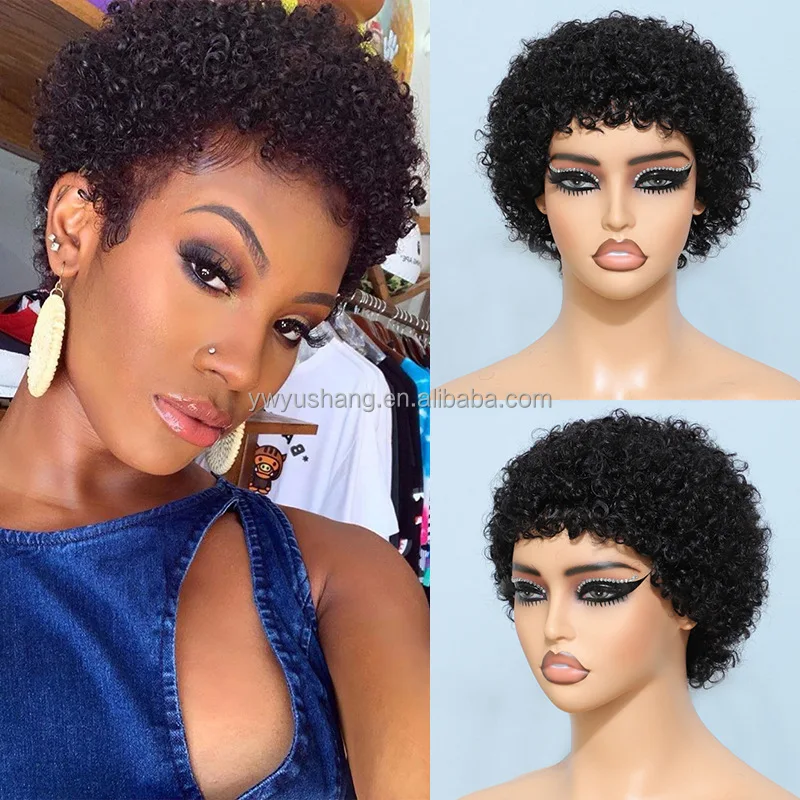 Factory 4 Inch Pixie Cut Curly Glueless 100% Human Hair Wigs Women ...