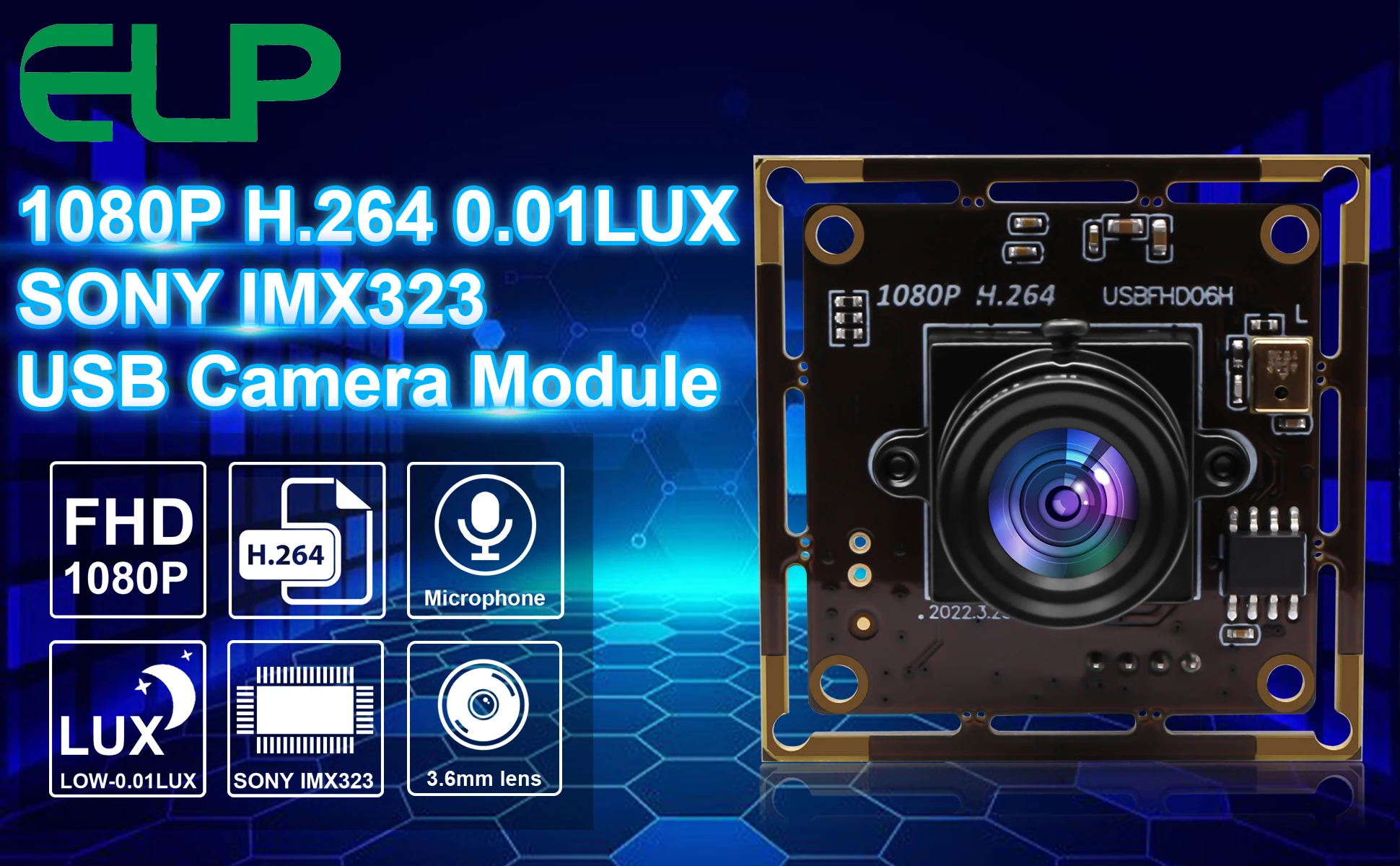 ELP Low Light USB Camera Module H.264 HD 1080P IMX323 Sensor 3.6mm Lens ...