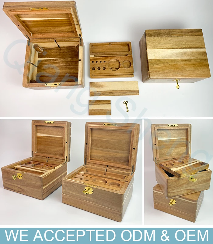 Custom Acacia Wood Stash Box with Rolling Tray Two-layer Smell Proof ...