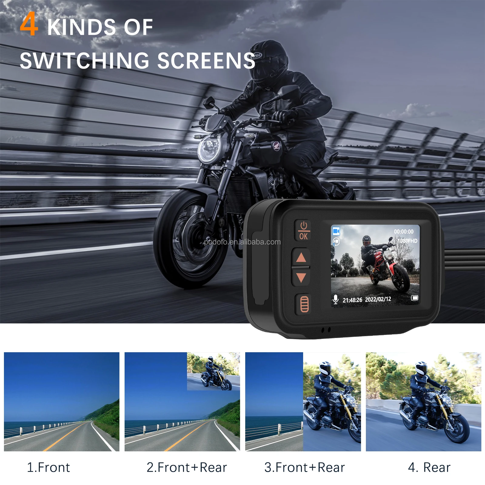 Podofo Motorcycle Dash Cam - Front & Rear IP65 Waterproof DVR